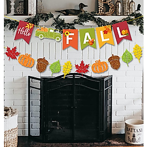 CAVLA Hello Fall Banner and Glittery Maple Leaves Pumpkin Acorns Patterns Banner Autumn Harvest Bunting Banner with Pumpkin Truck Signs Fall Thanksgiving Party Banner for Wall Mantel Fireplace Party