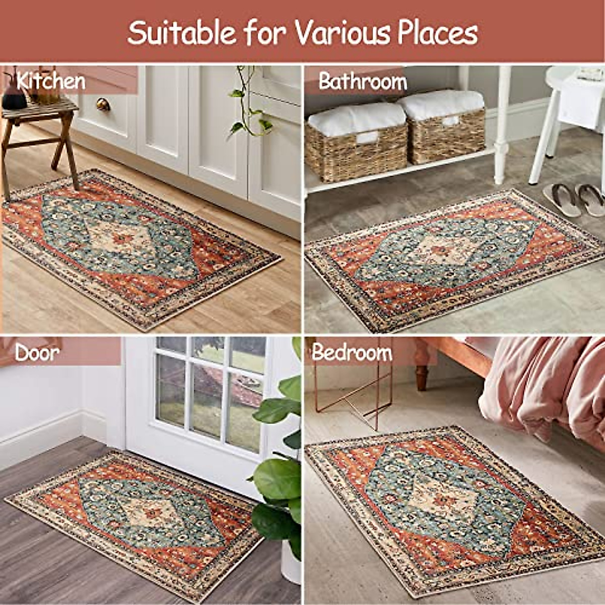 Lahome Boho Tribal Area Rug - 2x3 Persian Distressed Small Entryway Rug Doormat Bohemian Faux Wool Non-Slip Washable Low-Pile Floor Carpet for Indoor Front Entrance Kitchen Bathroom