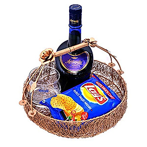 jaipurhandicraftsgallery Indian Handcrafted Iron Hand Painted Wire Round Basket with Handle Multi Purpose Use Home Decor
