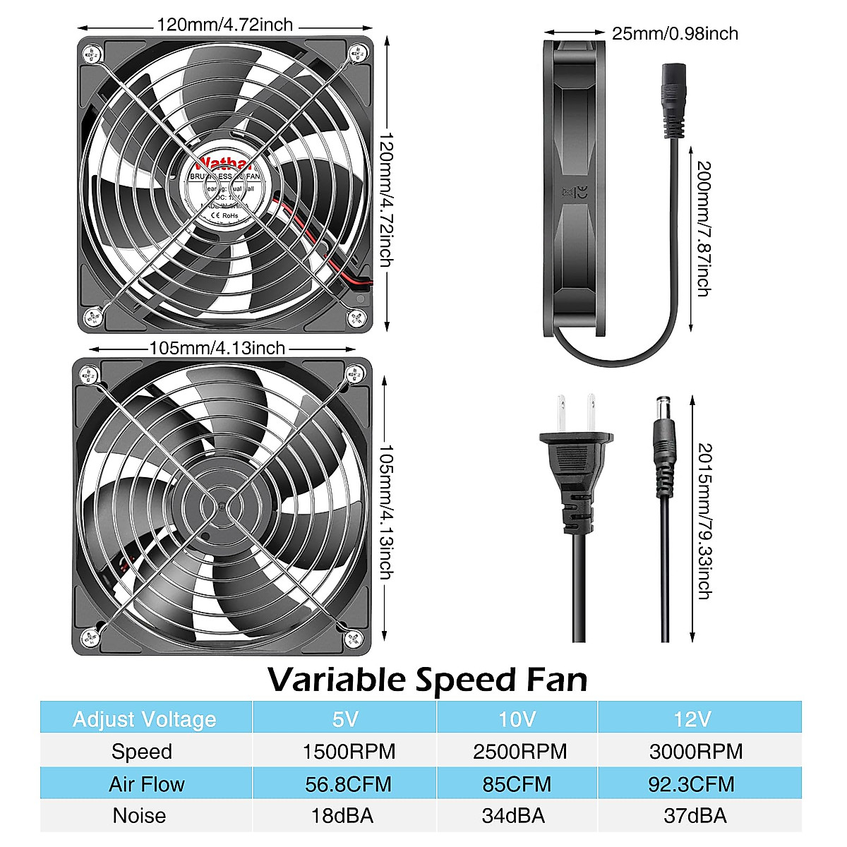 Wathai 120mm Muffin Fan Dual Ball with AC 110v - 240V Speed Control High Performance for Doorways, Wood Stoves, Fireplaces 2 Pack