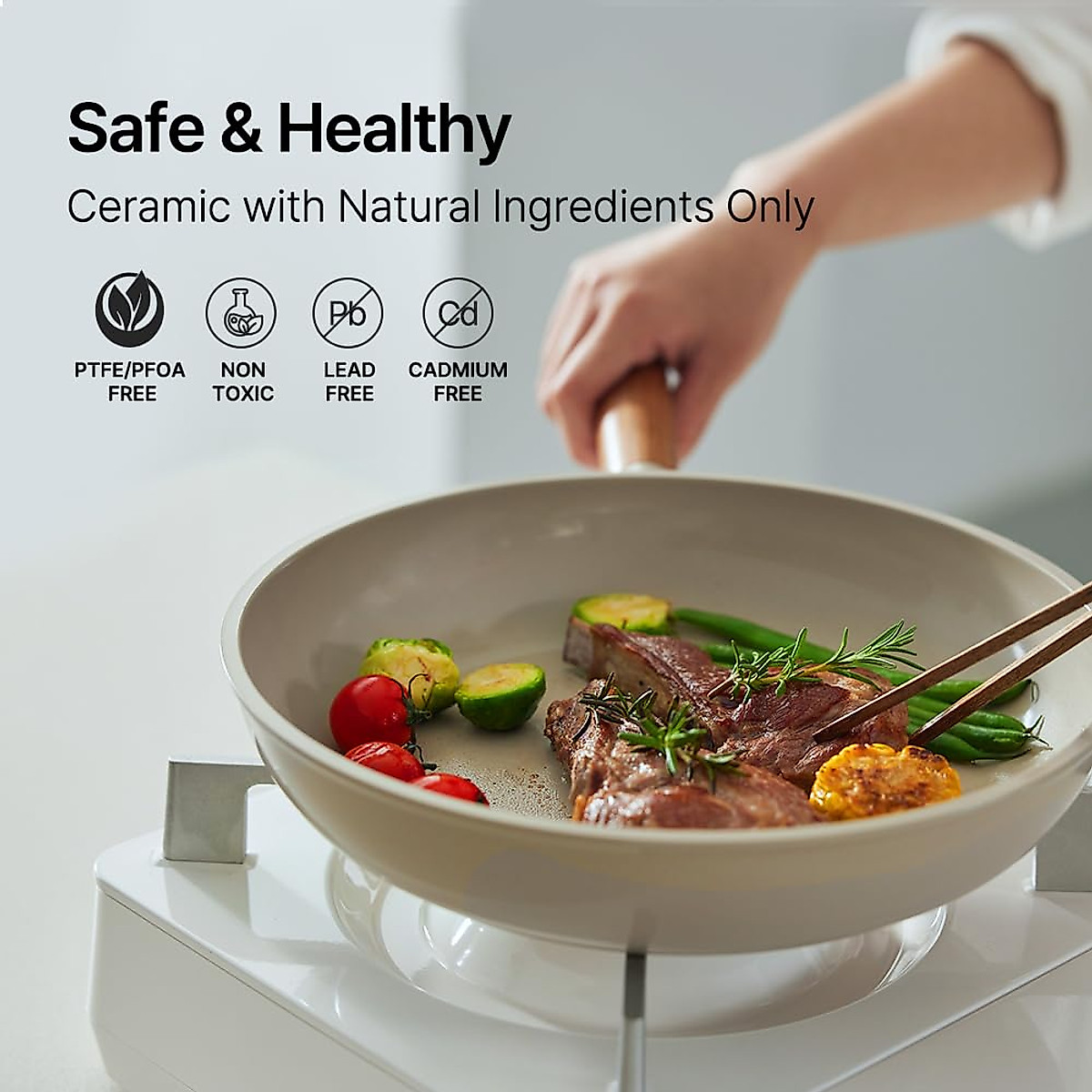 dogado Organic Frying Pan & Pot with Wood Handle, Nonstick Ceramic Cookware, Multipurpose Skillet, Sand Beige (Frying Pan)