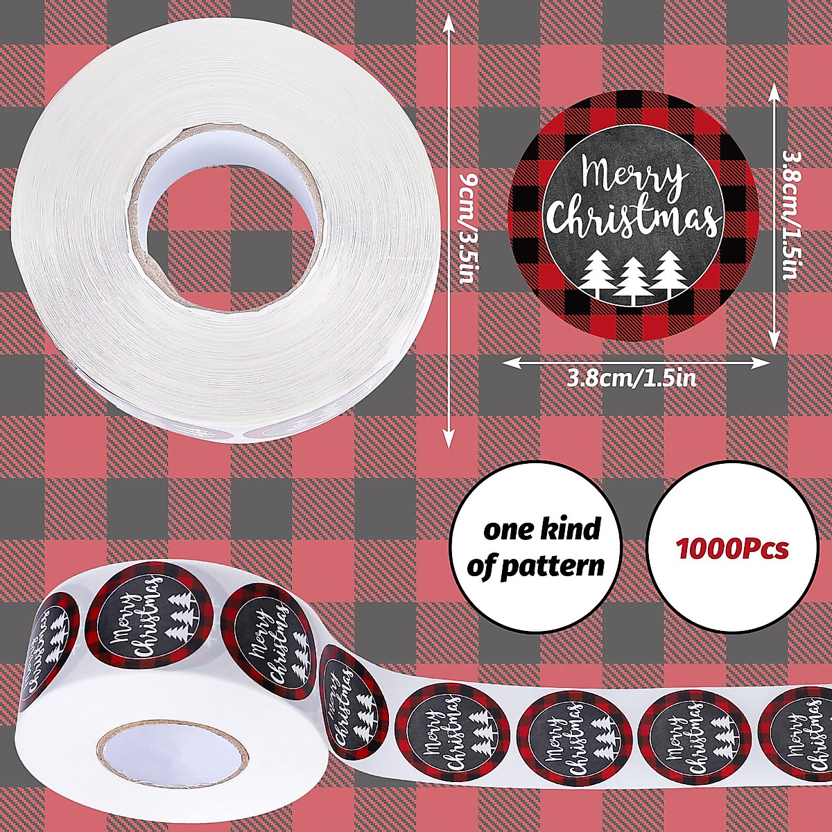 Whaline 1000Pcs Merry Christmas Stickers 1.5Inch Red Black Buffalo Plaid Border Round Stickers in Roll Christmas Tree White Printed Label Stickers for Xmas Seals Cards Presents Envelopes Decoration