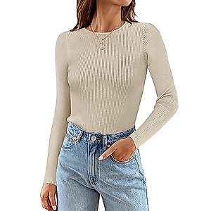 ZESICA Women's Long Sleeve Crewneck Shirts 2023 Fall Clothes Ribbed Knit Sweaters Slim Fitted Casual Basic Tee Tops,Almond,Large