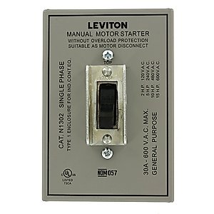 Leviton N1302-DS 30 Amp, 600 Volt, Toggle In Type 1 Enclosure Double-Pole AC Motor Starter, Suitable as Motor Disconnect, Industrial Grade, Grounded, Gray