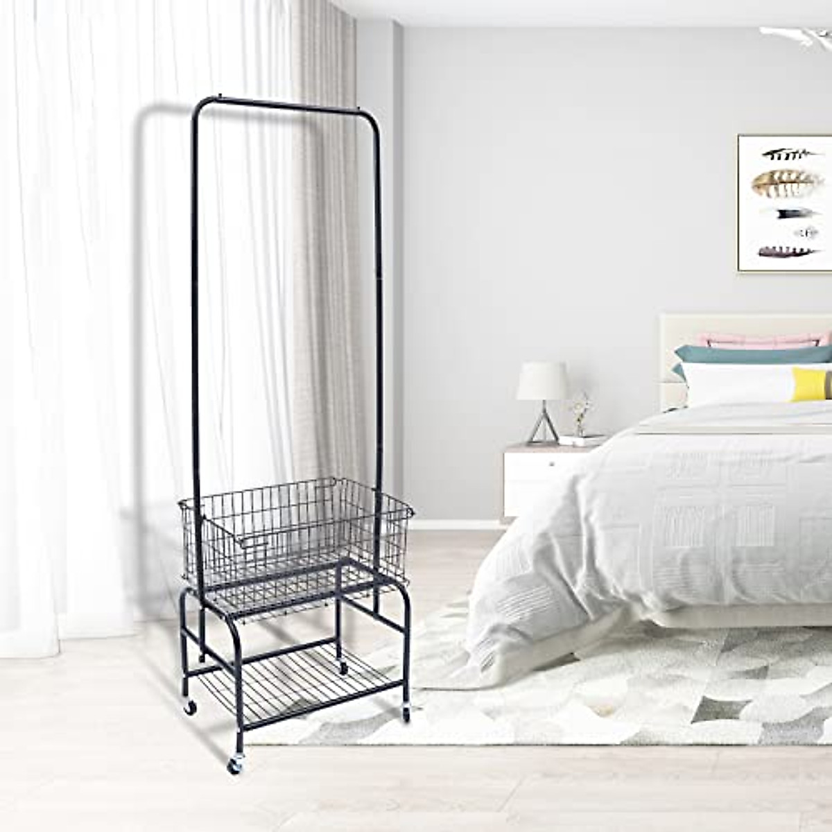 Fetcoi Metal Rolling Laundry Cart Garment Rack, Laundry Hamper Basket Cart with Metal Wire Storage Rack and Hanging Rack on Wheels, Black