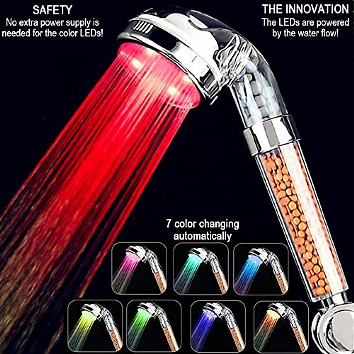 Vacto LED Handheld Shower Head Set with Filtration, Automatic 7-color Changing Shower Head Kit, High Pressure Handheld Shower Head with Hose and Bracket, Water Saving Showerheads with Filtration Beads