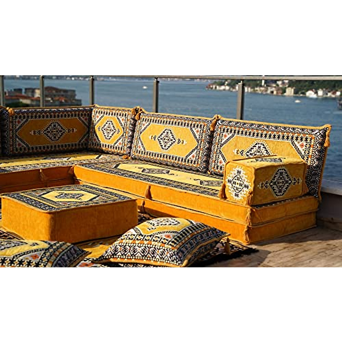 Yellow Traditional Floor Couch Set, L Shaped Sectional Sofas, Arabic Floor Sofa Set,Yoga Meditation Mat, Futon Sofa Bed (L Sofa + Rug + Poufs)