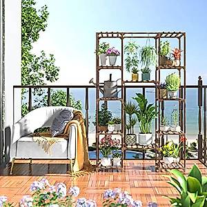 cfmour Wood Plant Stand Indoor Outdoor, 62.2" Tall Flower Shelf Tiered Plant Stands for Multiple Plants Large Planter Holder Hanging Shelves Rack for Living Room Garden Balcony