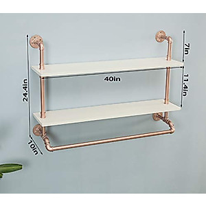 FOF FRIEND OF FAMILY Industrial Pipe Garment Rack with Double Tier shelves, Wall Mounted Clothes Rod for Clothing Storage, Rose Gold&White Color, 40" Wide