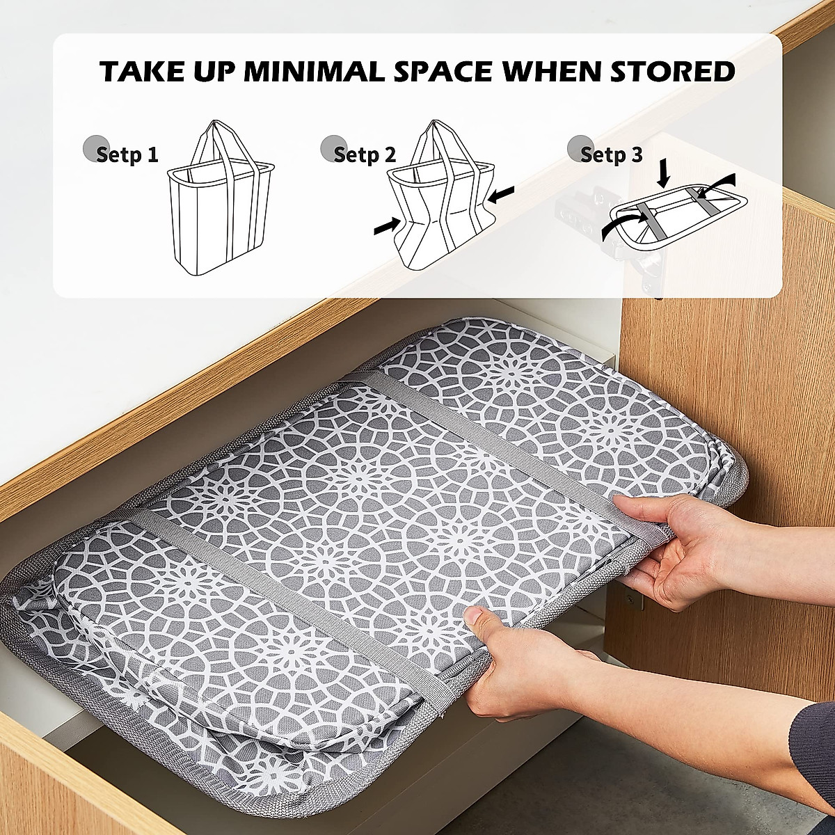 YOHOM Portable Laundry Caddy, Collapsible Basket Tote, Space-Saving Foldable Laundry Hamper, Pop-Up Storage Basket with Long Carry Handles for Dorm Dirty Clothes (Gray Flower, Large)