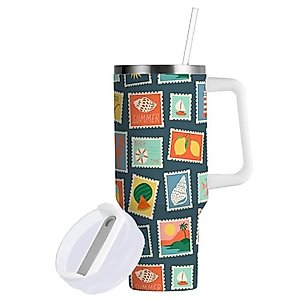 Emelivor Summer Stamps Blue 30 oz Tumbler with Lid and Straw Insulated Tumblers with Handle Leak Proof Coffee Tumbler Mug Large Water Bottles for Hot and Iced Cold Drinks