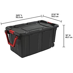 Astede 40 Gallon/151 Liter Wheeled Industrial Tote Black Lid And Base W/ Racer Red Handle And Latches 2-pack