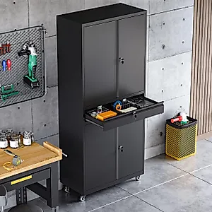 ZAOUS Metal Storage Cabinet, Heavy Duty Garage Cabinet on Wheels, 72'' Tall Storage Cabinets Tool Cabinet with Doors and Shelves for Home Office Utility Room, Black