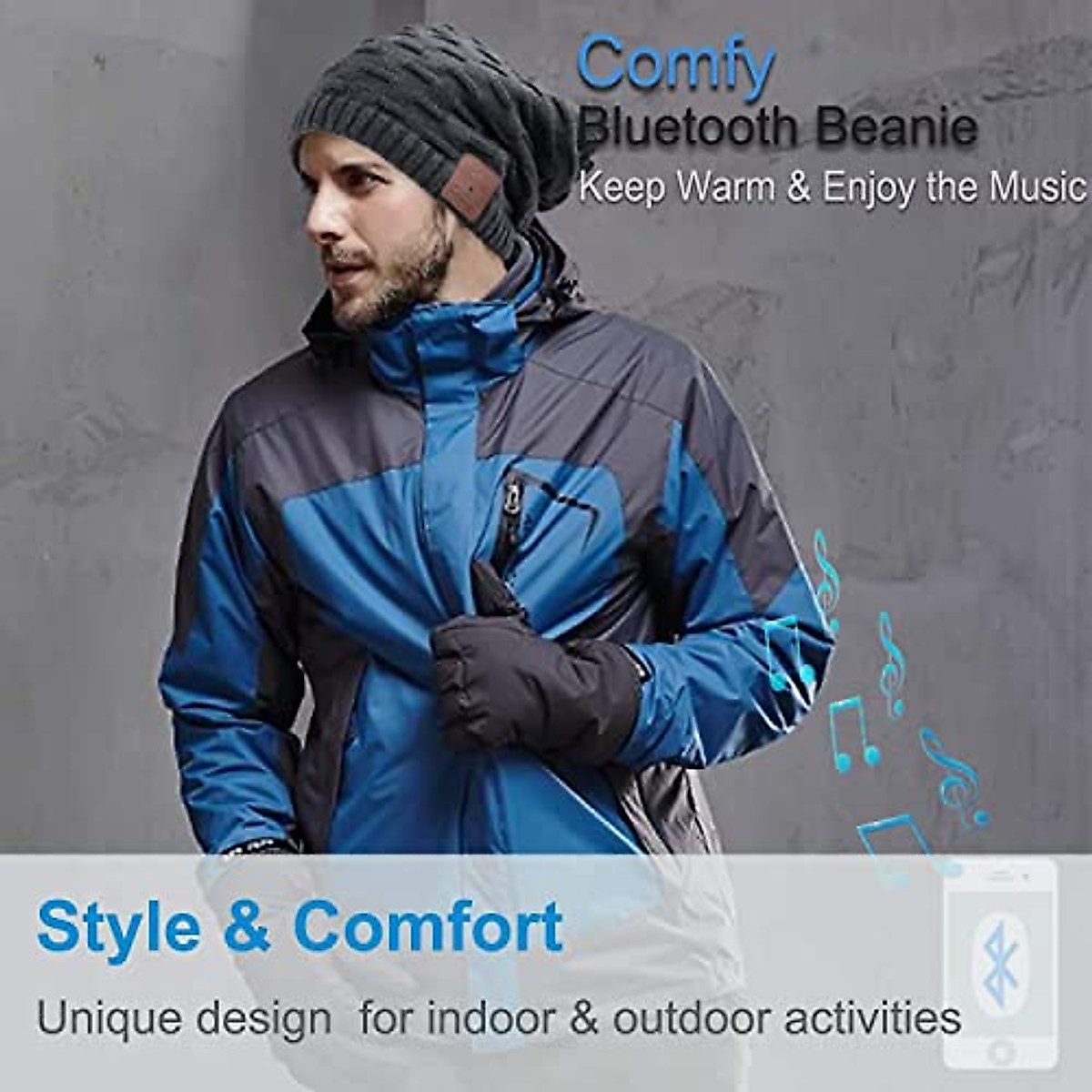 Qshell Unisex Washable Trendy Bluetooth Music Beanie Hat Cap Scarf w/Wireless Headphones Headsets Earpieces Mic Hands Free for Lifestyle Gym Sports Fitness Running Skiing Snowboard Hiking - Black