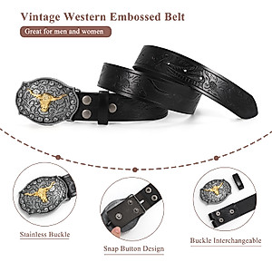 VONMELLI Western Belt Cowboy Belt for Men Women, Embossed Leather Men's Western Waist Belt for Jeans with Longhorn Bull Buckle Black, S