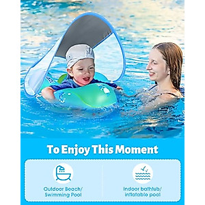 LAYCOL Baby Swimming Float Inflatable Baby Pool Float Ring Newest with Sun Protection Canopy,add Tail no flip Over for Age of 3-36 Months (Blue, L)