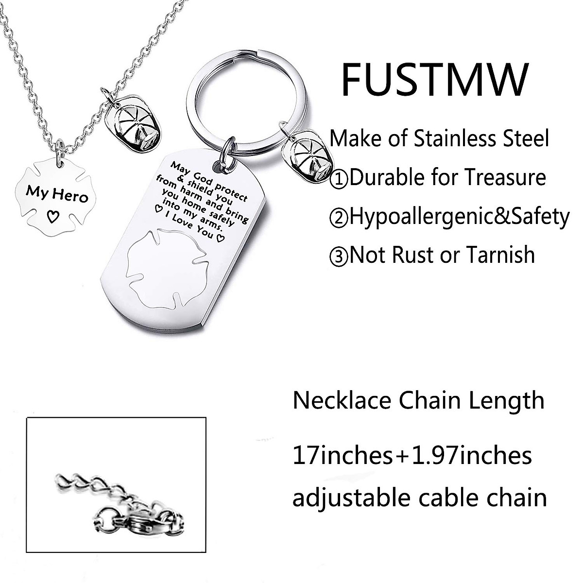 FUSTMW Firefighter Gift Keychain Necklace Matching Set Fireman Jewelry Gift for Firefighter Wife, Girlfriend, Mom, Daughter May God Protect You from Harm (silver)