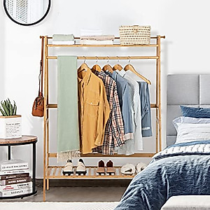 Tangkula Bamboo Clothing Rack with Storage Shelves, Freestanding Garment Rack with Top Shelf, Shoe Rack, 2 Hooks, Heavy-duty Clothing Storage Organizer for Bedroom, Entryway, Living Room, Natural