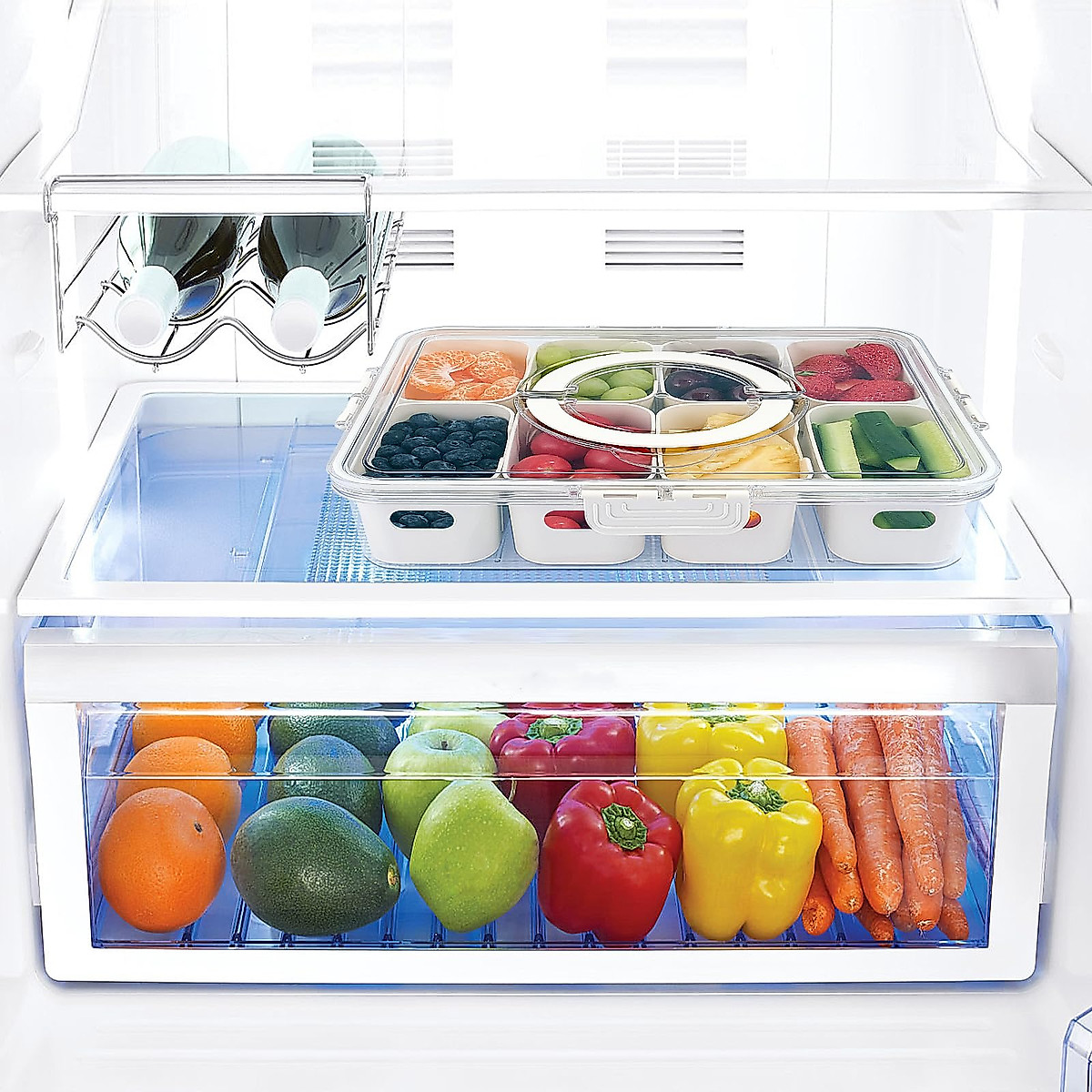 TAROSE Divided Serving Tray with Lid and Handle, Portable Snack Containers Snackle Box Snack Tray with Lid, Veggie Tray Charcuterie Boxes Fruit Tray Candy Organizer (8 Compartments)