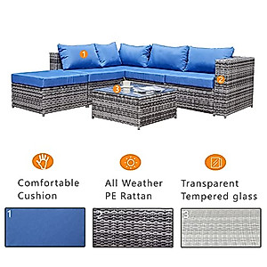 MOLIXXES 4 Pieces PE Wicker Outdoor Sofa Couch Sectional Patio Set,Patio Furniture Sectional Sofa with Ottoman, Glass Table, Pillow,Gray Rattan Blue Cushion