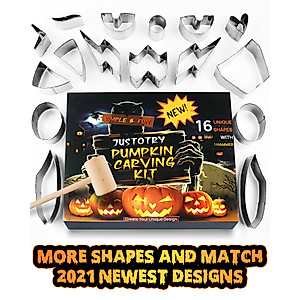 JUSTOTRY Pumpkin Carving Kit with Hammer Safe for kids, Halloween Pumpkin Carving Tools, Durable Stainless Steel Non-knife Pumpkin Carving Stencils, Pumpkin Carving Set for Adults, 16 PCS