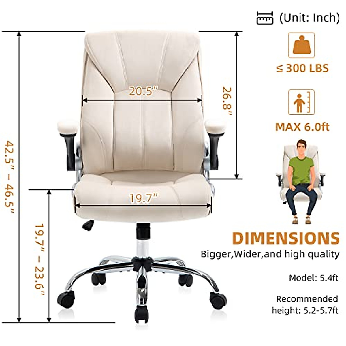 YAMASORO Velvet Fabric Office Chair Ergonomic Executive Chair with Lumbar Support,Home Office Desk Chairs Flip up Arms with Wheels, Comfortable Computer Chairs,Beige