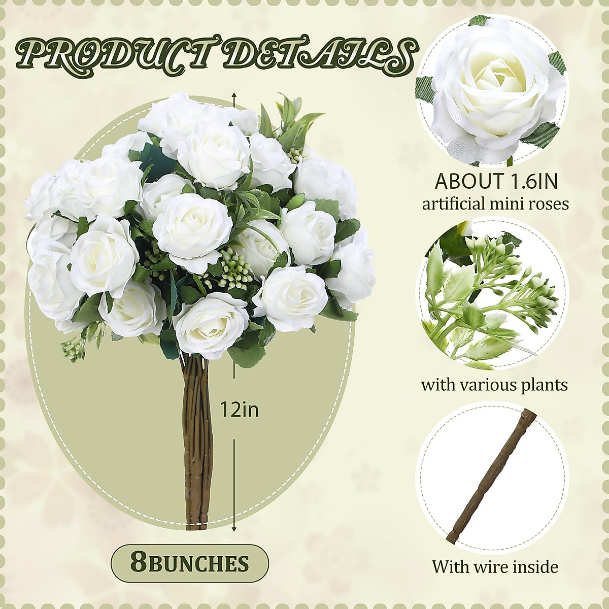 Zeyune 8 Pack 12 Inch Valentine‘s Day Artificial Rose Bouquet Silk Flowers Bunches Bulk Fake for Wedding Bridal Home Office Garden Parties Decoration (White)