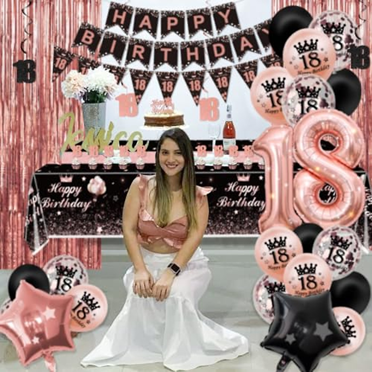 18th Black and Rose Gold Party Decorations - Happy Birthday Banner, Pennant, Birthday Balloons, Fringe Curtains, Tablecloth, Cake Topper, Hanging Swirls 18th Birthday Decorations for Girls Princess