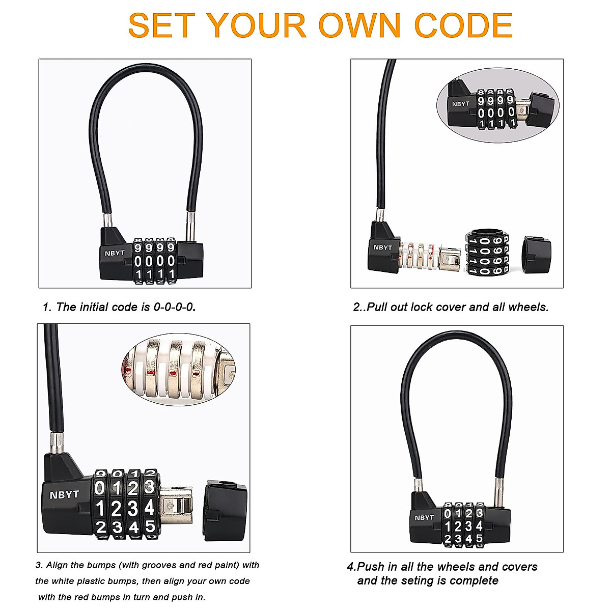 NBYT Combination Cable Lock, 3/16-Inch Steel Cable, 7-Inch Length, 4-Digit Lock for Gates, Fences, Cabinets,Shed,Dumpster,Outdoor Security