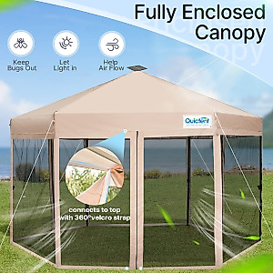 Quictent 13'x13’ Hexagonal Pop up Canopy Tent with Mosquito Netting, Instant Screened in Canopy Screen House Room Tent Easy Set up with LED Lights (Beige)