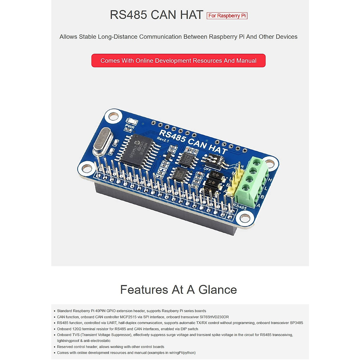 RS485 CAN HAT Stably Long-Distance Communication Functions UART Controlled SPI Interface for Raspberry Pi Zero W WH 2 3 4 Model B B+ @XYGStudy