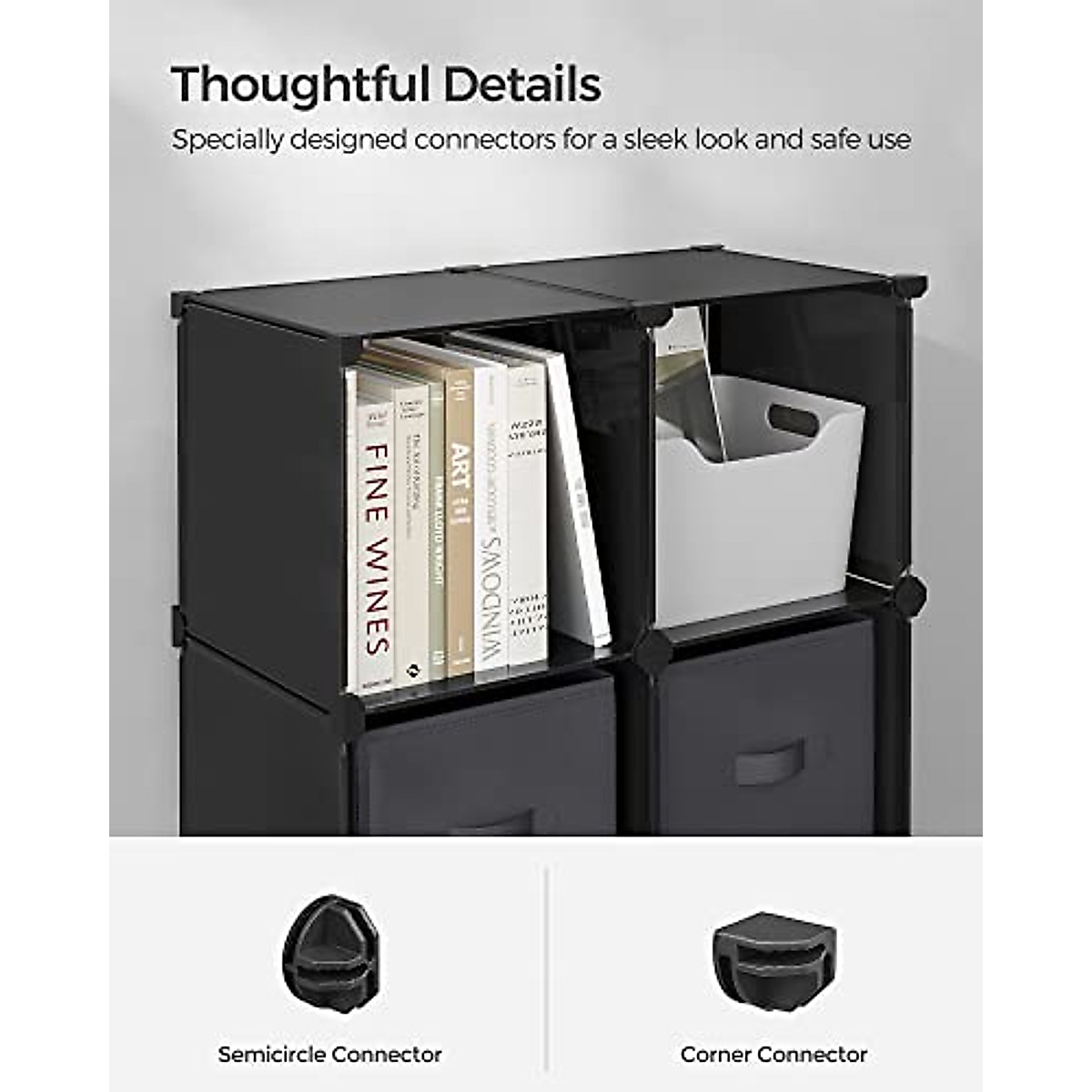 SONGMICS Cube Storage Organizer with Storage Boxes, 6-Cube Organizer, 6 Collapsible Non-Woven Fabric Bins, Customizable Shape, Bedroom, Living Room, Space-Saving, Black and Gray ULPC062B01