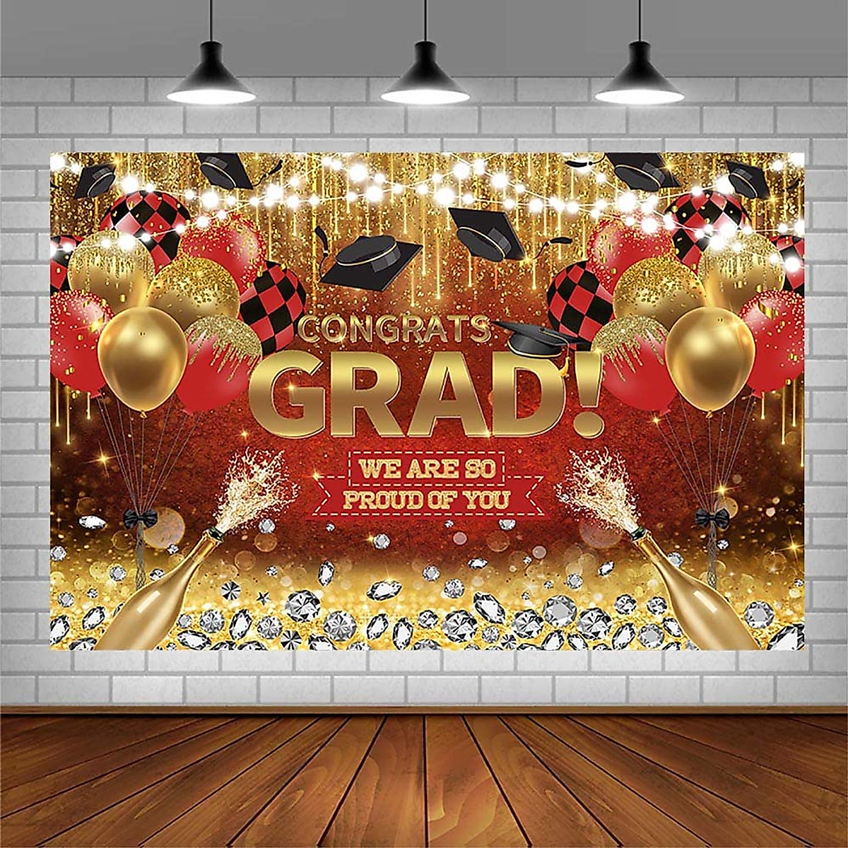 AIBIIN 7x5ft Congrats Grad Backdrop Red Gold Glitter Diamond Graduation Photography Background Class of 2023 Celebration Prom Party Decorations Congratulations on Graduation Banner Photoshoot Props