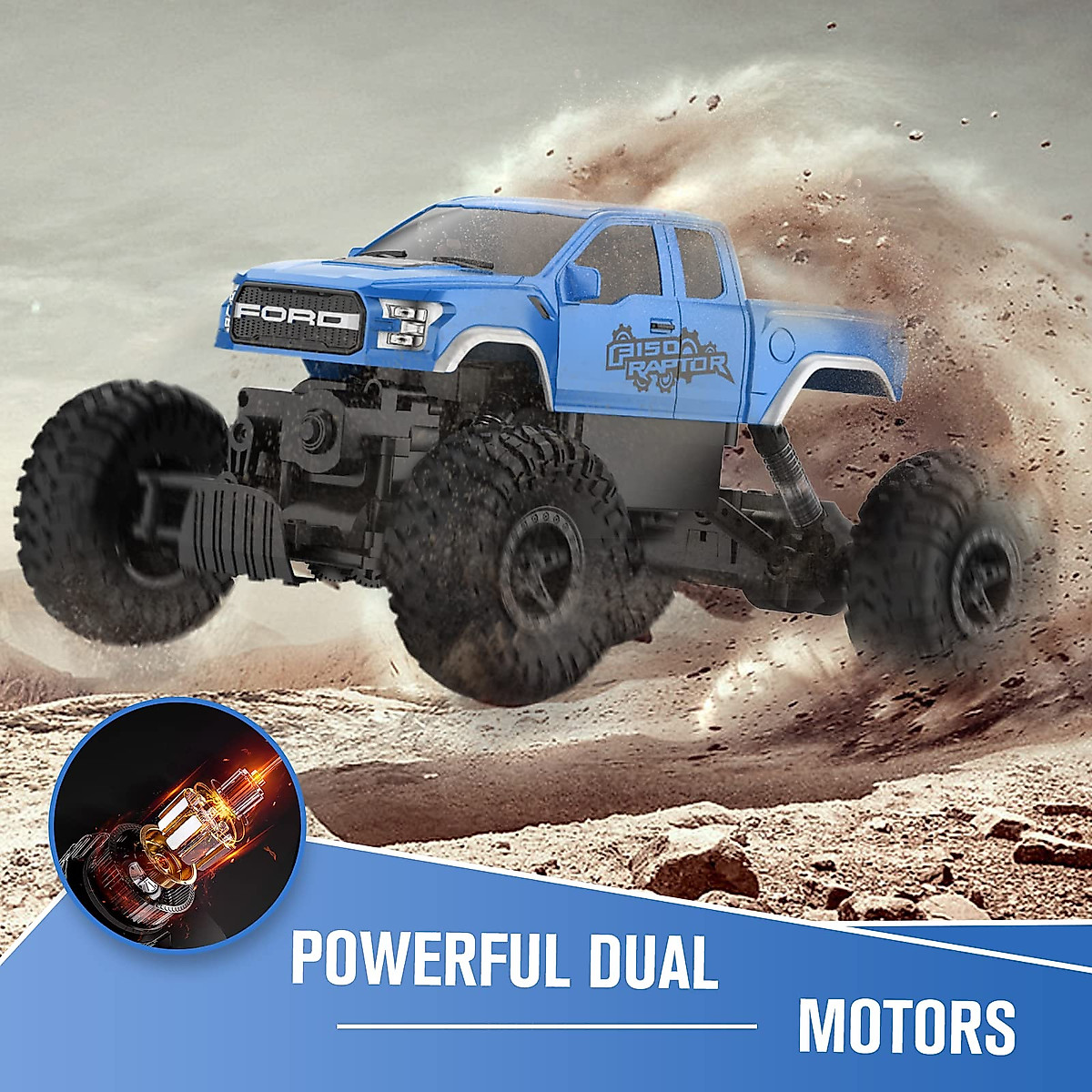 DOUBLE E Ford Raptor F150 RC Car 4WD Monster Trucks for Boys,11 Inches Off Road Crawler Vehicle RC Truck Toy Gift for Boys Girls 6 7 8-12 Years-Blue