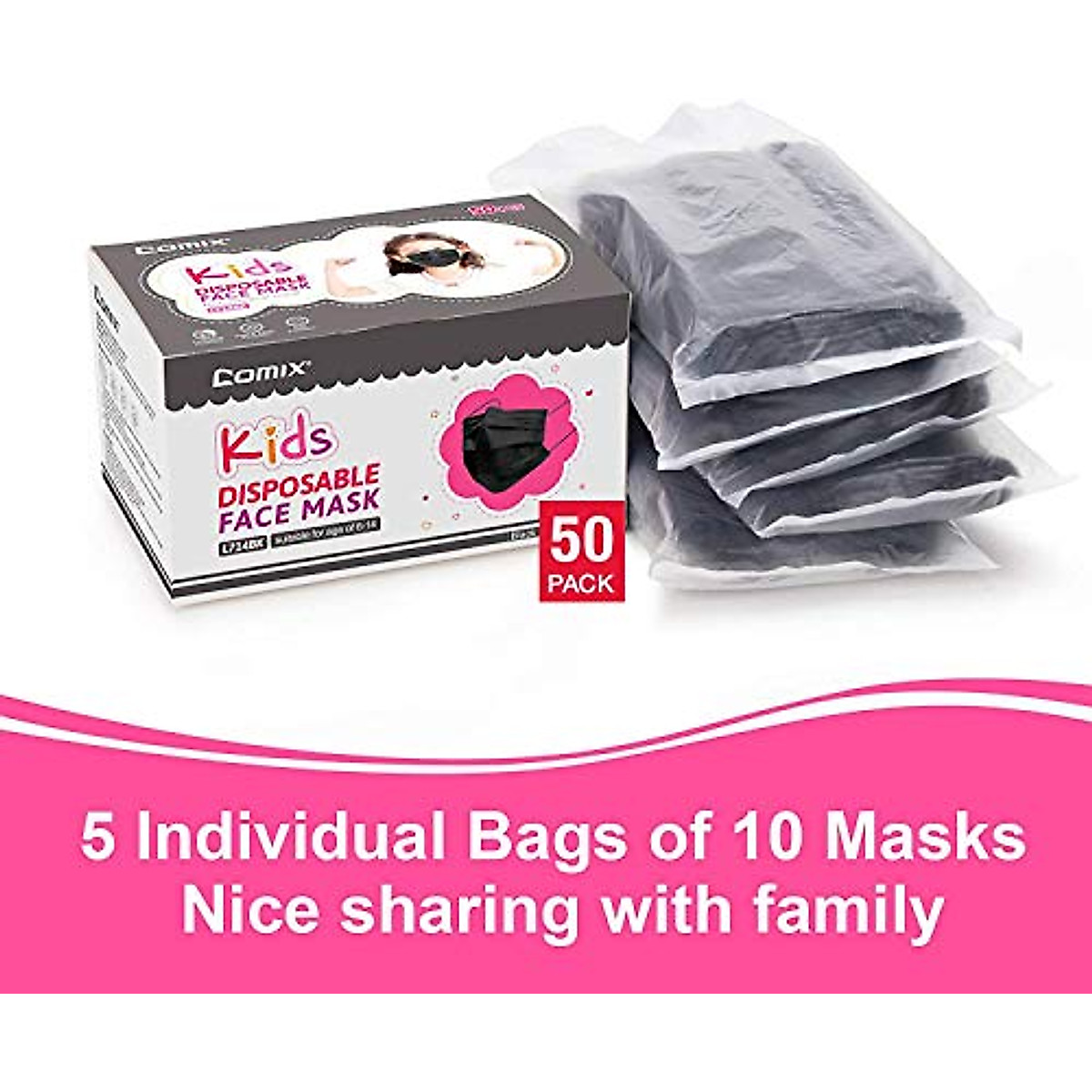 Comix Kids Face Mask, Kids Disposable Face Mask, Face Mask for Kids Boys Girls, 3 layer face mask, Pack of 50, Black