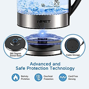 NPET EK20 1000W Electric Kettle Glass Tea Kettle With BPA-Free, 1.8L Cordless Portable Water Glass Boiler With LED Light, Auto-Shutoff And Boil-Dry Protection Teapot, Stainless Steel Kettle