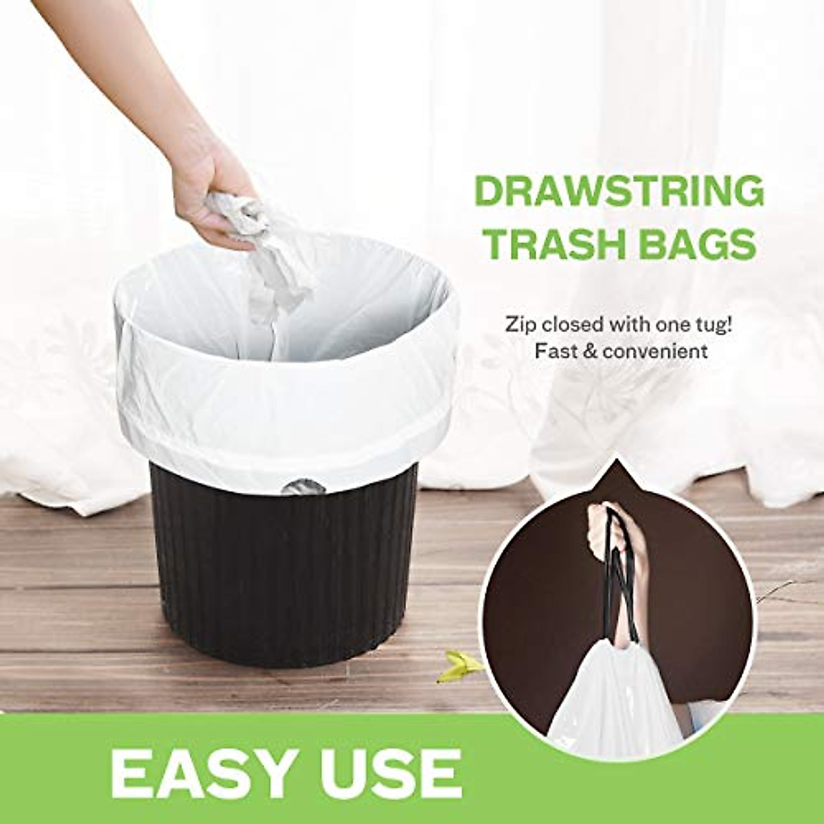 2.5 Gallon 220pcs Strong Drawstring Trash Bags Garbage Bags by Teivio, Bathroom Trash Can Bin Liners, Small Plastic Bags for Home Office Kitchen, White