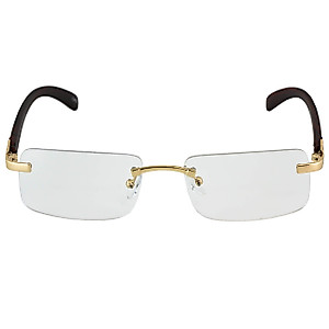 Elite Slim Rimless Rectangular Metal & Wood Art Aviator Sunglasses (Cherry Gold Clear)