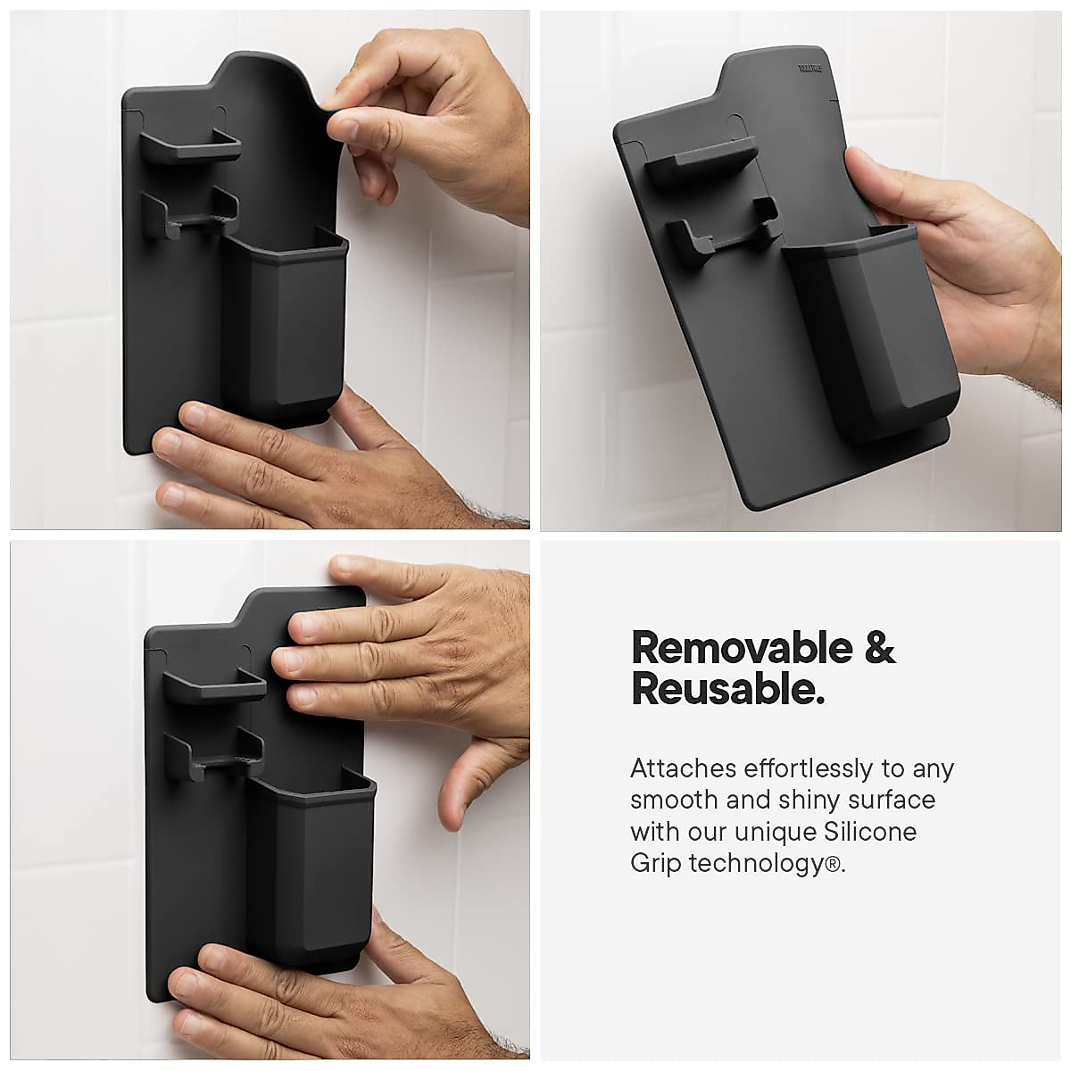 Tooletries - The Harvey & Oliver Set - Silicone Shower Toothbrush Holder and Razor Holder with Anti Fog Mirror - Silicone Shower Organizer - Removable & Reusable - Charcoal