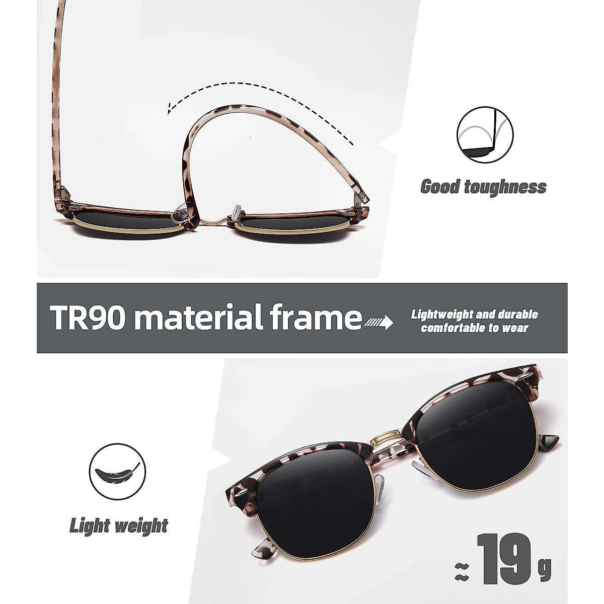 MEETSUN Retro Semi Rimless Polarized Sunglasses for Men Women Classic Trendy Driving Sun Glasses UV Protection Grey Leopard