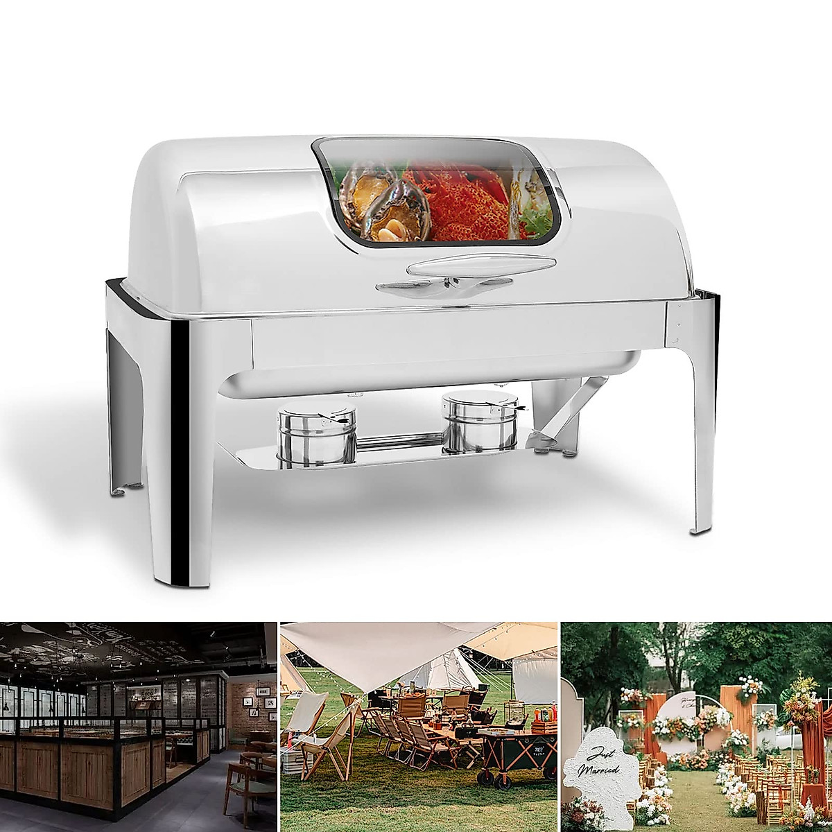 Chafing Dish Buffet Server, Food Warmers Roll Top Chaffing Server with 3 Pans Food Warmers with Alcohol Stove Food Trays for Catering Party buffet