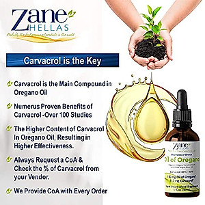 Zane Hellas 70% Oregano Oil. Greek Essential Oil of Oregano .86% Min Carvacrol. 112 mg Carvacrol Per Serving. Probably The Best Oregano Oil in The World. 1 fl. oz.- 30ml