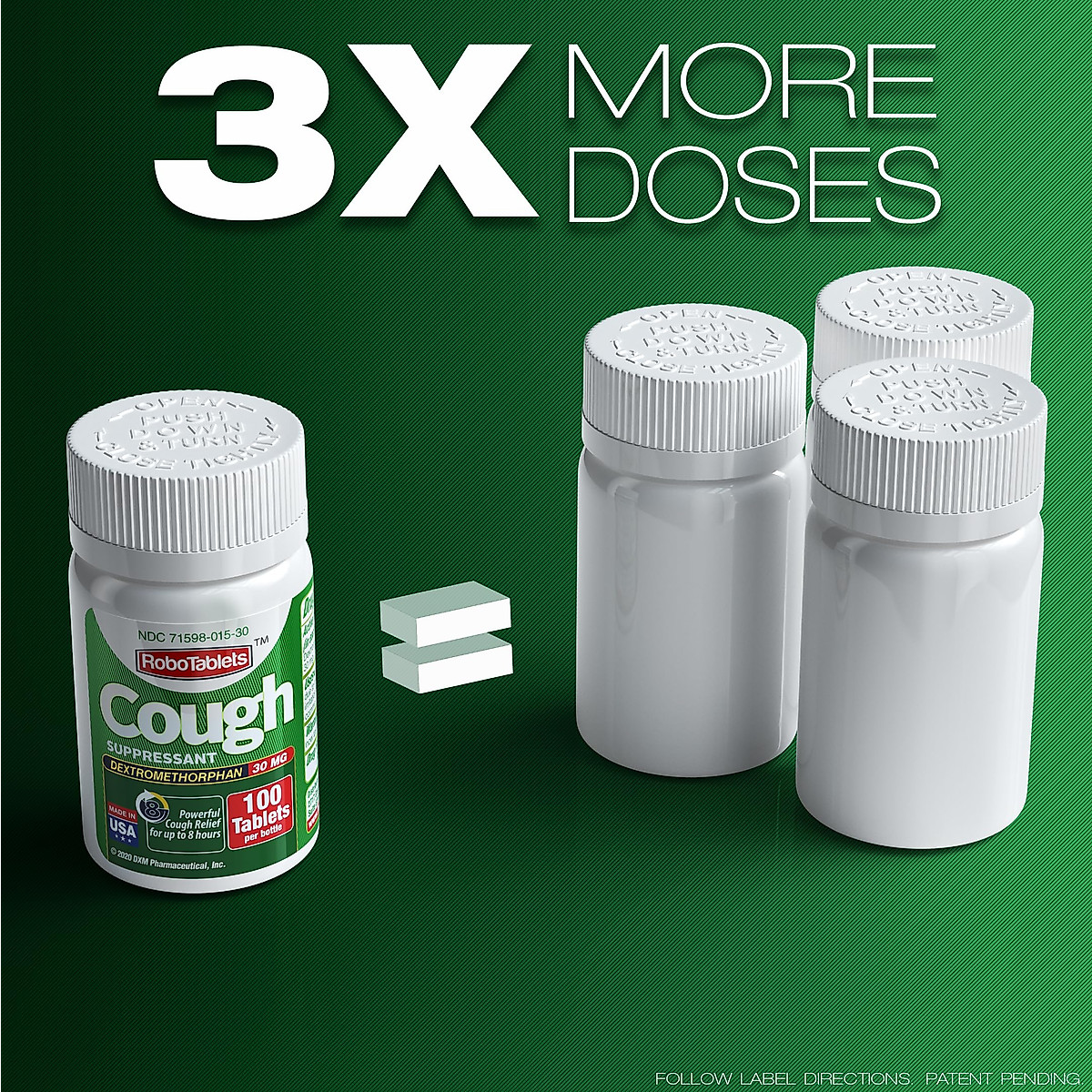 RoboTablets Cough Suppressant, Dextromethorphan 30mg, 100 Doses, 100 Tablets, 5mm Diameter Tablets for Cough Relief