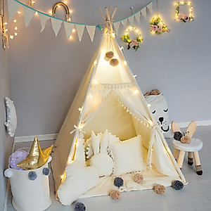 TreeBud Kids Teepee Tent with Padded Mat, Banner, Fairy Lights, Yarn Ball, Carry Bag, Beige Cotton Canvas Play Tent for Child with Tassels Lace, Play House Tipi for Kids Room Decor
