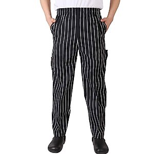 Men’s Classic Multi Pocket Baggy Chef Pant Black White Stripe Cargo Style Chef Uniforms L