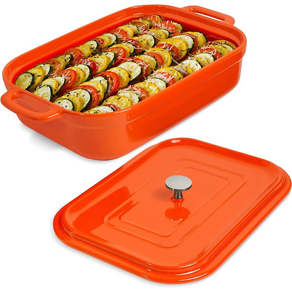 16.9x10 inch-4.5 Quart-Ceramic Casserole Baking Dish with Lid-Large Baking Pans for Cooking Roasting and Baking-Extra deep Lasagna Pan for Deep Baking Dish-Nontoxic Cookware-Red