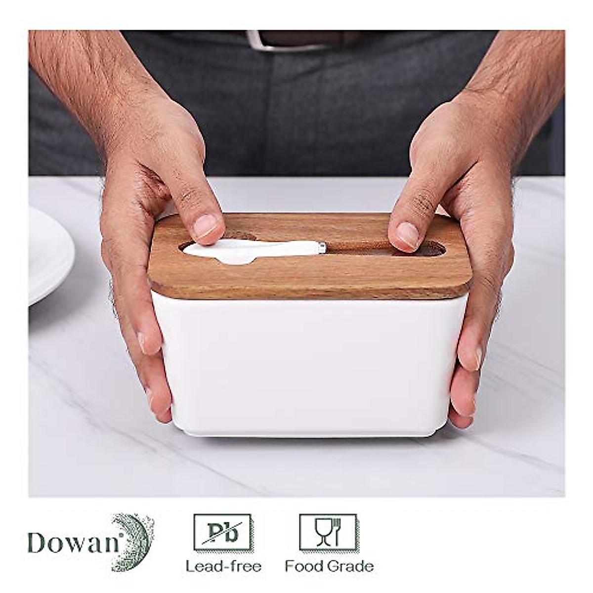 DOWAN Porcelain Butter Dish with Knife - Covered Butter Container with Wooden Covers for Countertop, Farmhouse Butter Dish with Lid Perfect for East West Coast Butter, White