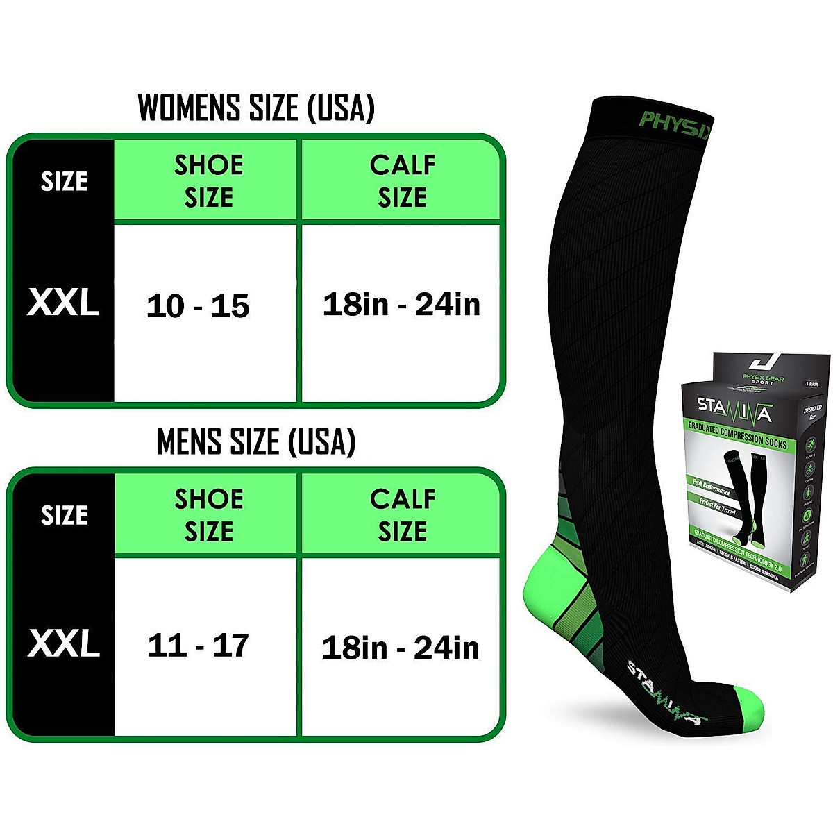 Physix Gear Sport 3 Pairs of Compression Socks for Men & Women in (Black/Green + Black/Orange + Black/Blue) XXL Size