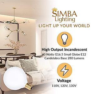Simba Lighting Small Globe G16.5 Round Bulb 40W E12 Candelabra Base (10 Pack) for Chandelier, Ceiling Fan Light, Decorative Vanity Lights, Wall Sconce, Frosted Glass 120V, 2700K Warm White Dimmable
