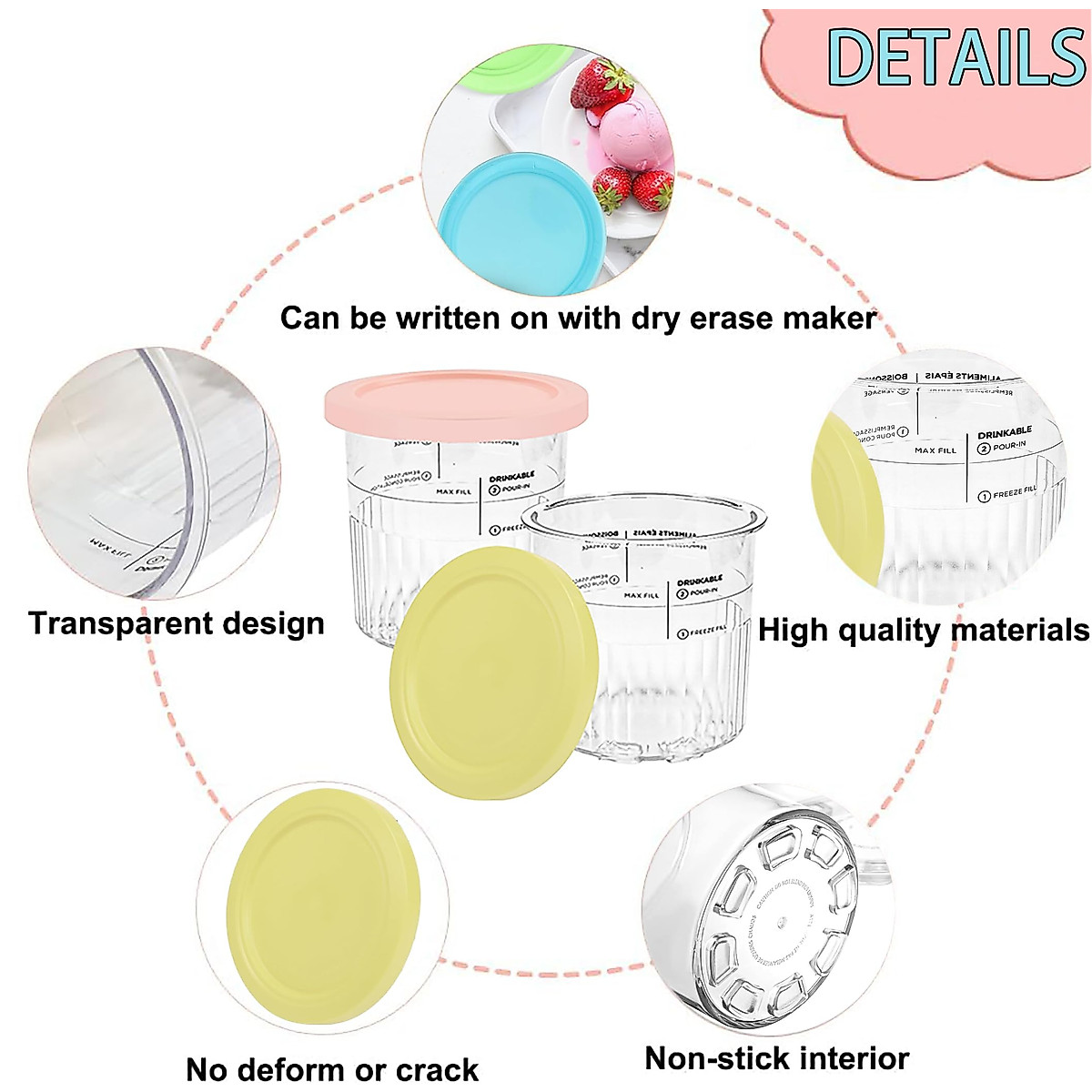 4 Pack Creami Pints and Lids for Ninja, for NC501 NC500 Creamy Icecream Containers Cups Jars Tubs Canisters Set, Smoothie Pot Compatible with NC501 NC500 Series Creamer Ice Cream Maker Machinease.